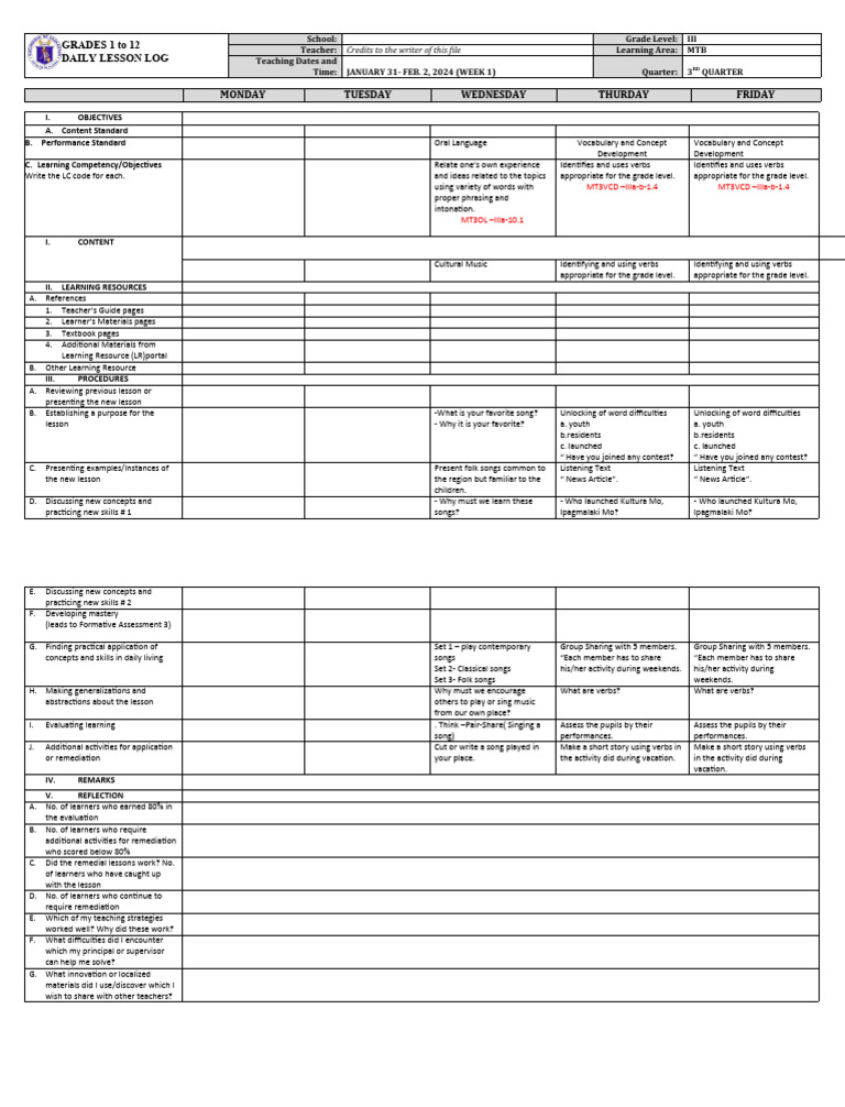 DLL - MTB 3 - Q3 - W1 | PDF | Learning | Human Communication