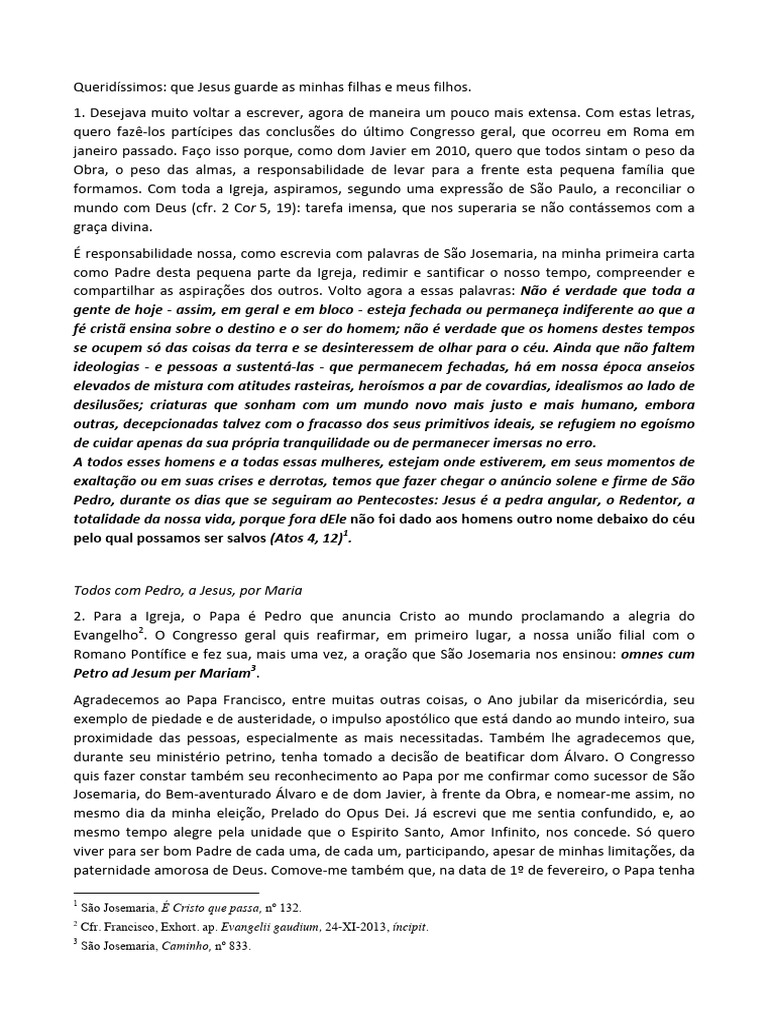 Carta do Prelado do Opus Dei | PDF | Igreja católica | Amor