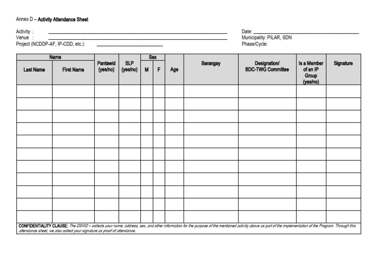 KC-AF Annex D - Attendance Sheet | PDF
