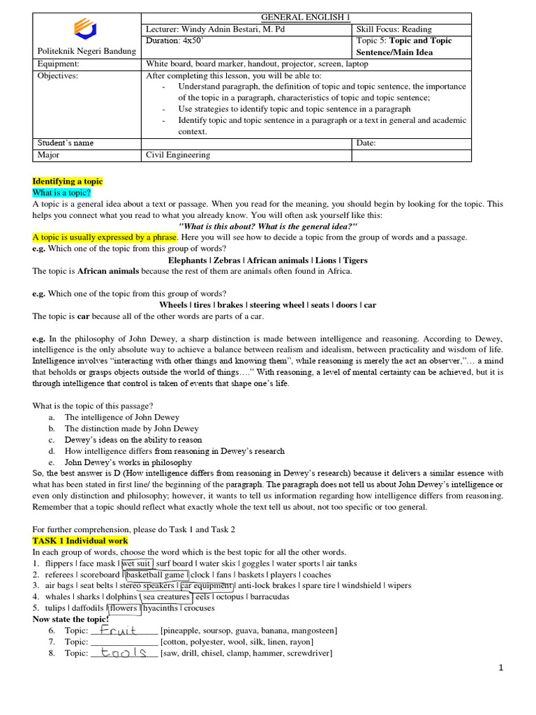 Meeting 5 Identifying Topic and Topic Sentence | Download Free PDF ...