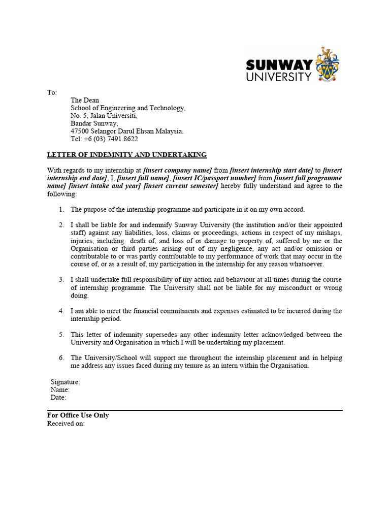 Internship Indemnity and Undertaking Letter | PDF