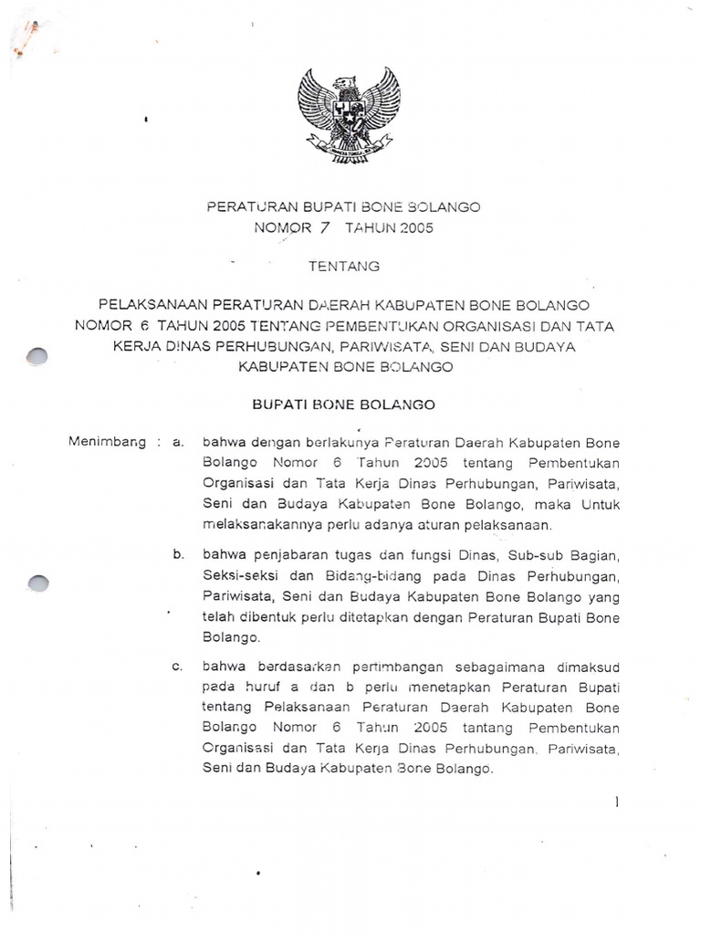 Pembentukan Organisasi Dan Tata Kerja Dinas Perhubungan, Pariwisata, Seni Dan Budaya Kab. Bone ...