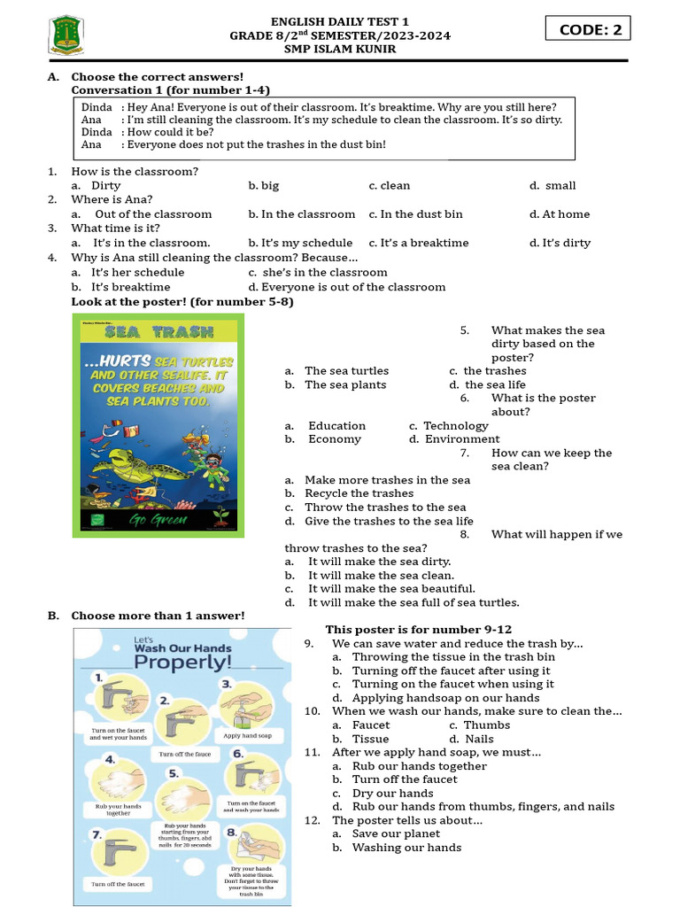 English Daily Test 1 Chapter 3 Code 2 | PDF