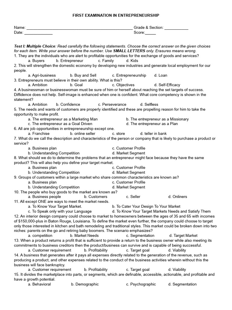 Entrepreneurship Exam: Multiple Choice & True/False | PDF | Market ...