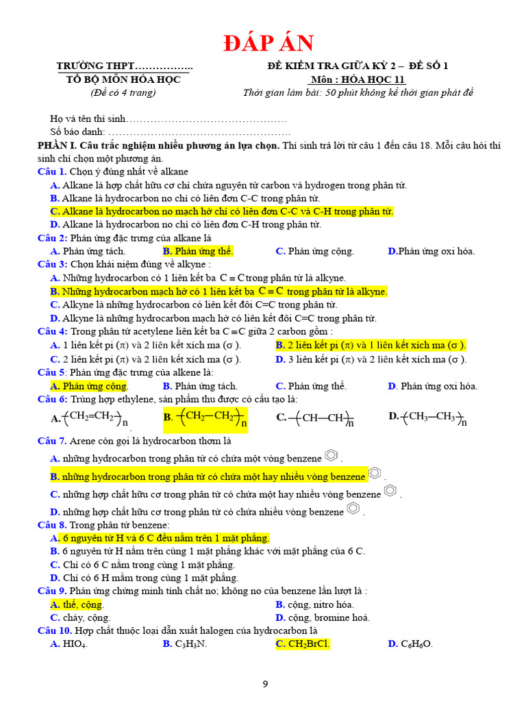 Đáp Án gk2 Hóa 11 | PDF