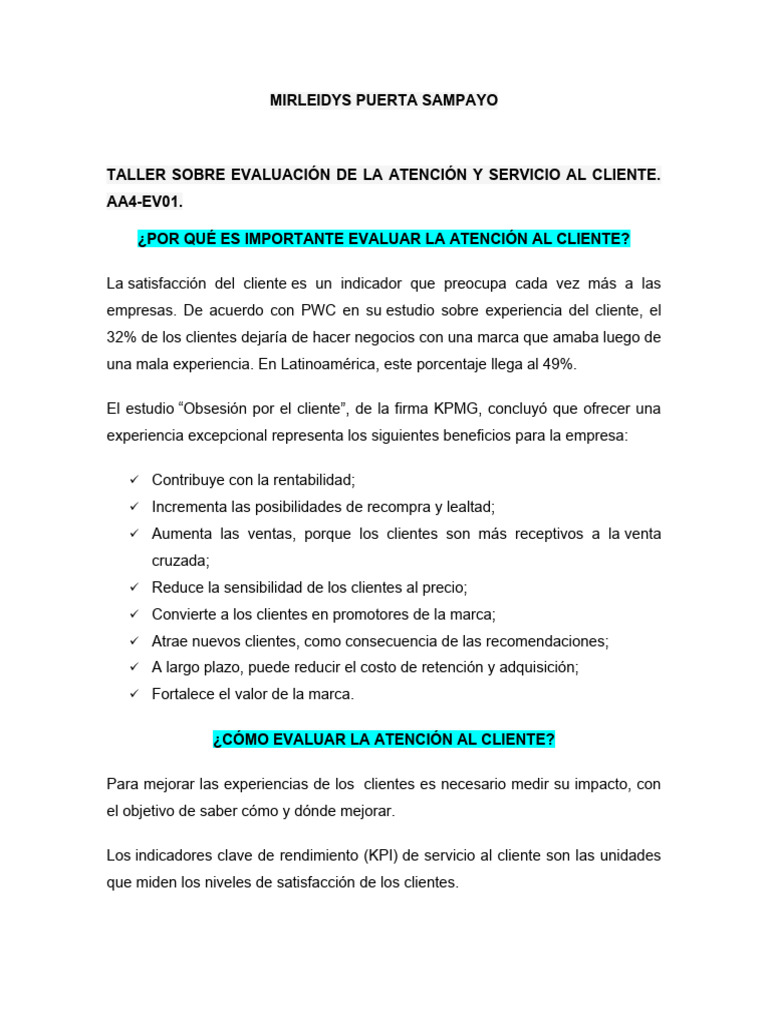 Taller Sobre Evaluación de La Atención y Servicio Al Cliente | Descargar gratis PDF | Indicador ...