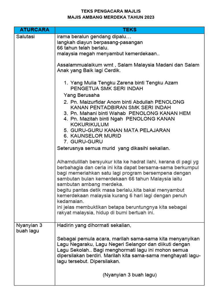 Sambutan Ambang Merdeka 2023 SMK Seri Indah | PDF