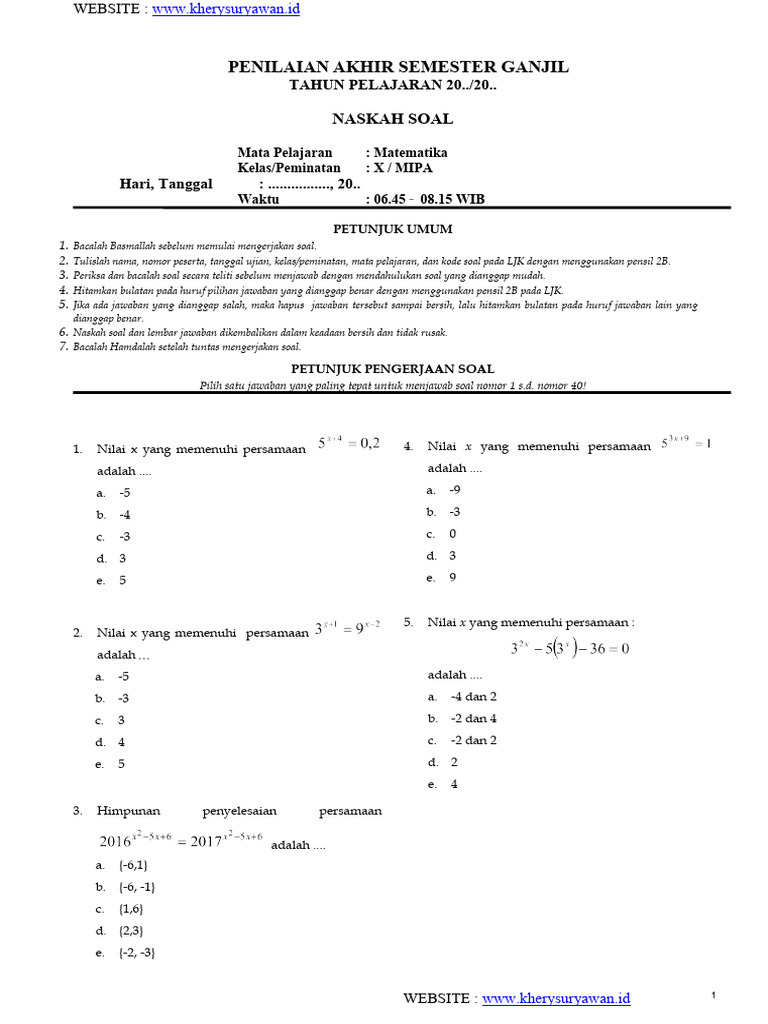 Soal PAS MTK Peminatan Kelas X - WEBSITE WWW - Kherysuryawan.id | PDF