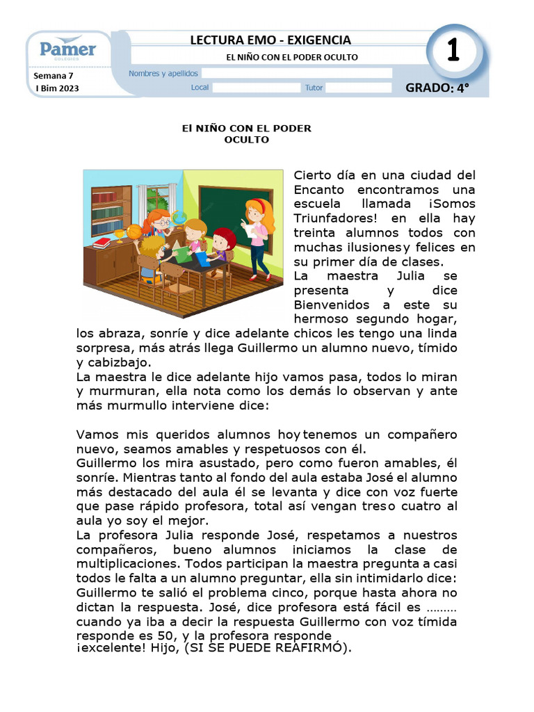 Lectura Emo - Exigencia: El Niño Con El Poder Oculto Semana 7 I Bim 2023 | PDF