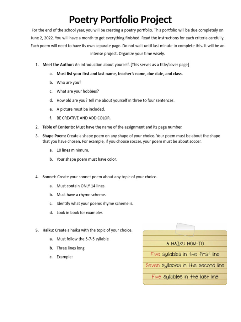 Poetry Portfolio Project Guidelines | PDF | Poetry | Poetic Devices