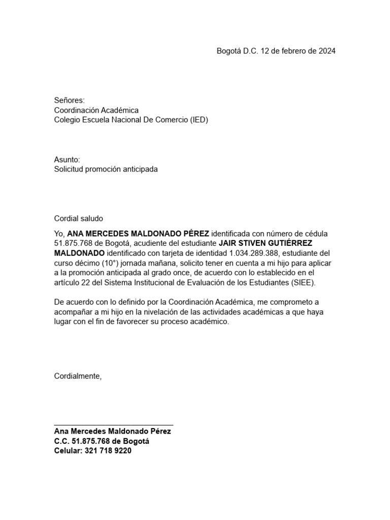 Carta de Promoción Anticipada | PDF