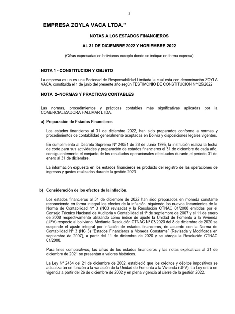 Empresa Zoyla Vaca Ltda-Notas A Los Eeff | PDF | Estado financiero | Contabilidad