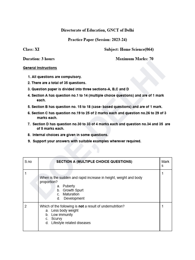 Home Science Practice Paper Class XI | PDF | Yarn