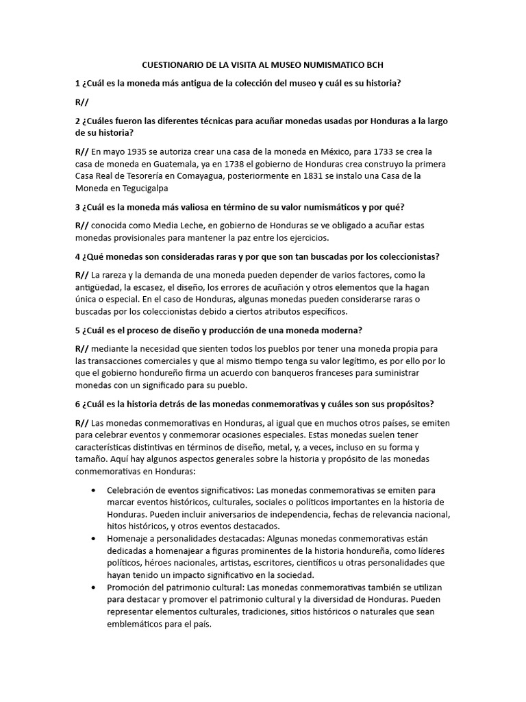 Cuestionario de La Visita Al Museo Numismatico BCH | PDF | Moneda ...