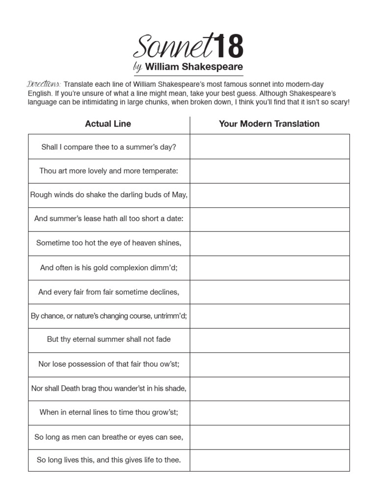 Shakespeares Sonnet Translation Activity Free | PDF | British Poems ...