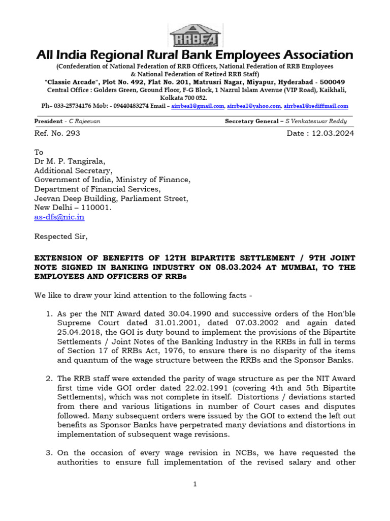 Ref. No. 293 - EXTENSION OF BENEFITS OF 12TH BIPARTITE SETTLEMENT & 9TH ...