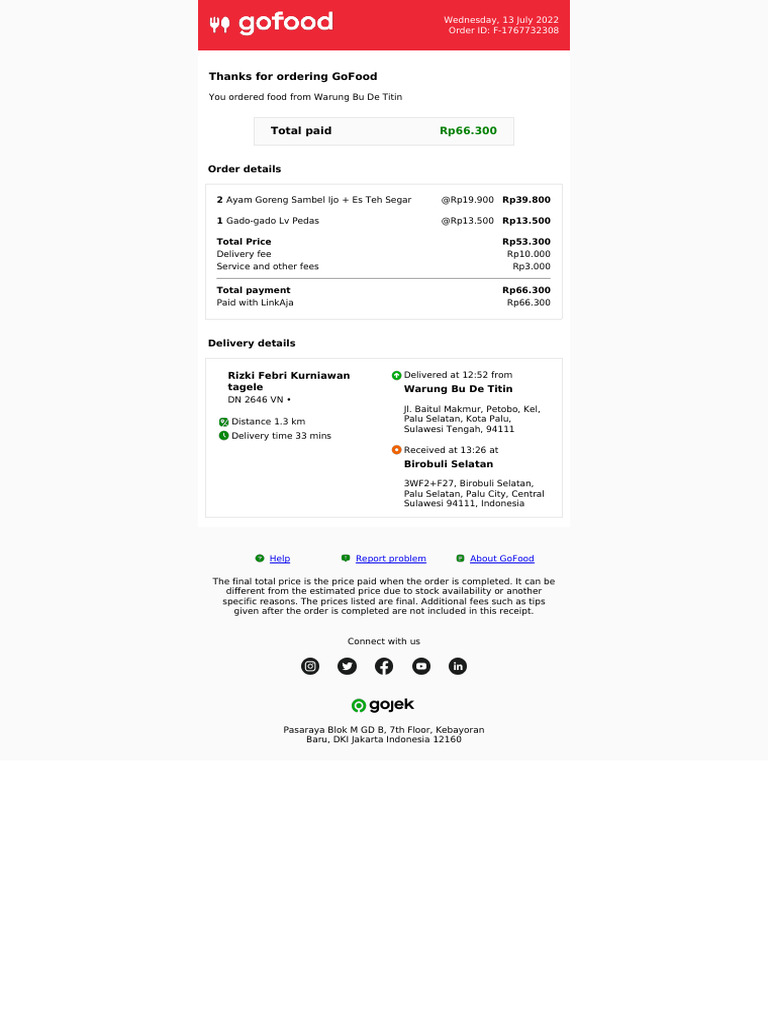 GoFood Order Receipt Summary | PDF