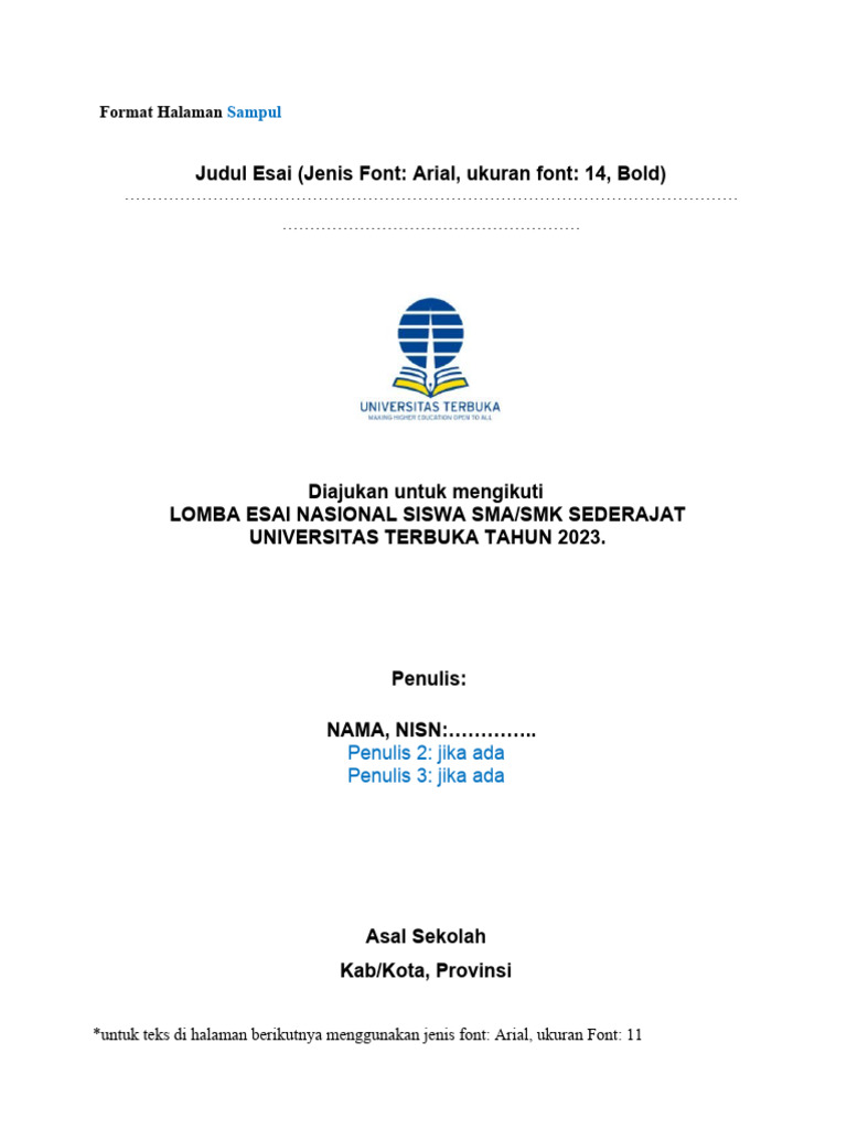 Format Halaman Sampul Lomba Esai Universitas Terbuka 2023 | PDF