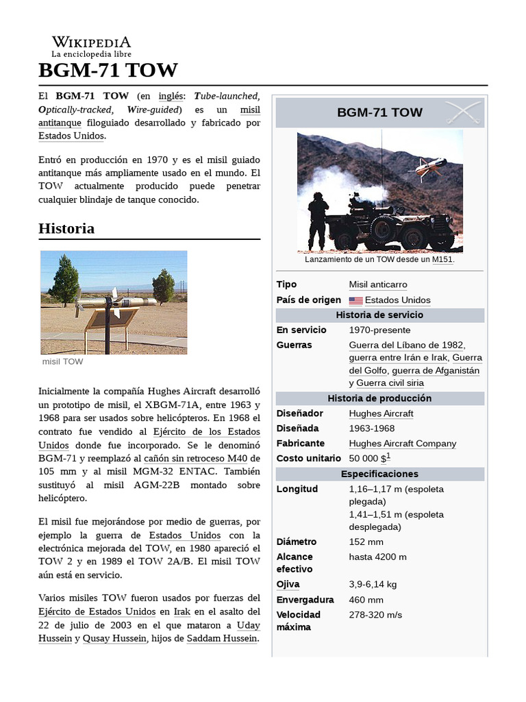 BGM-71 TOW: Misil Antitanque de EE.UU. | PDF | Tecnología militar | Ciencia militar