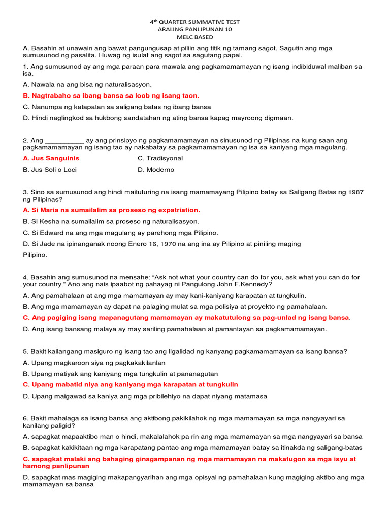 4th Quarter-Summative Test With Answer Key | PDF