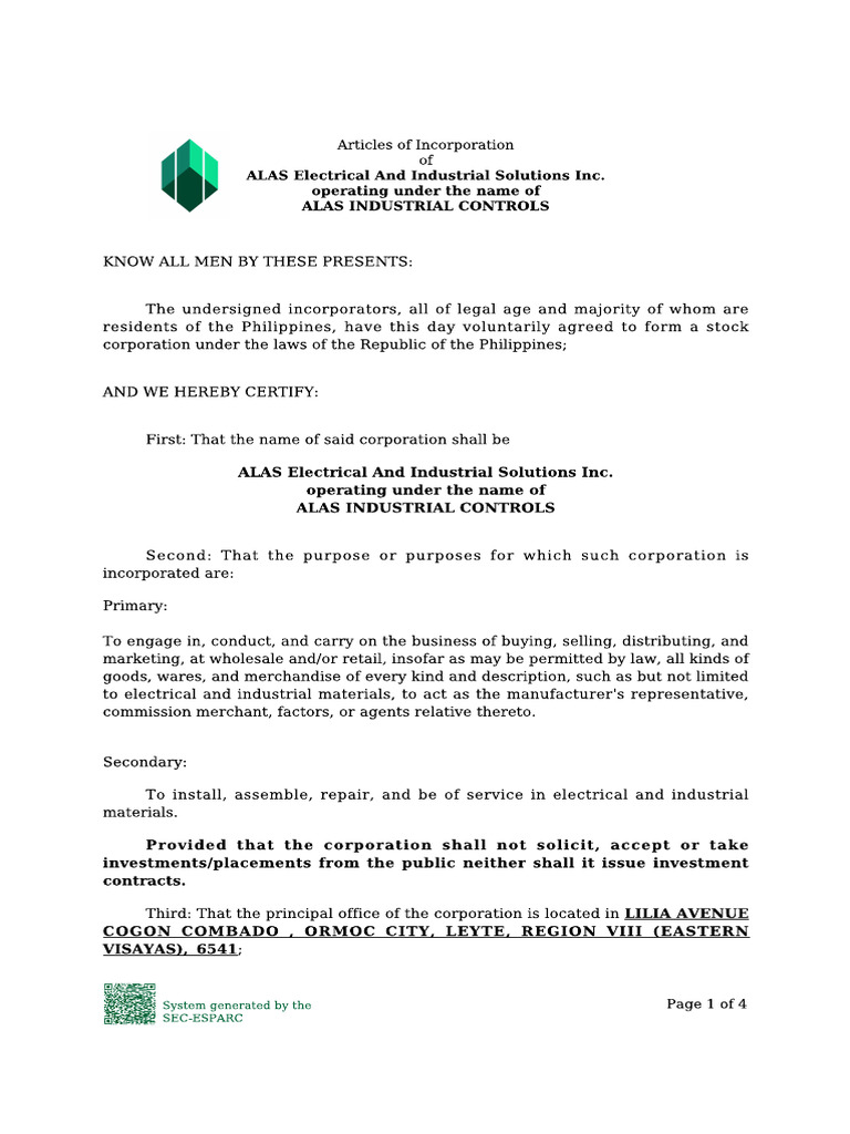 ARTICLES OF INCORPORATION | PDF