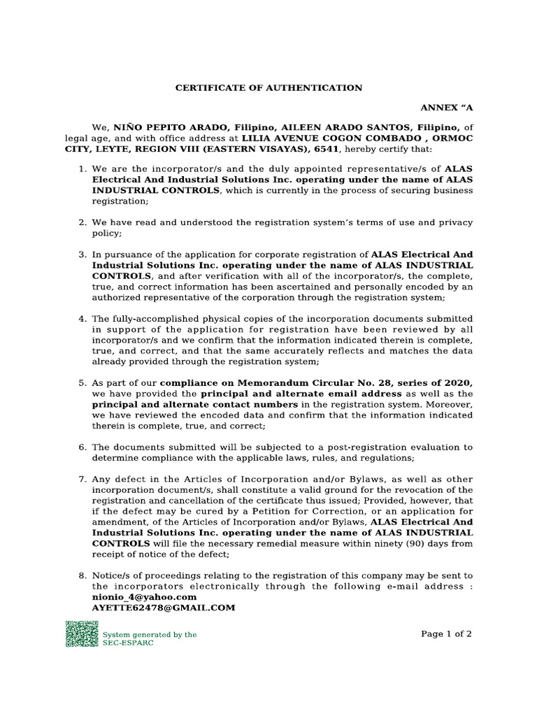 Certificate of Authentication | PDF