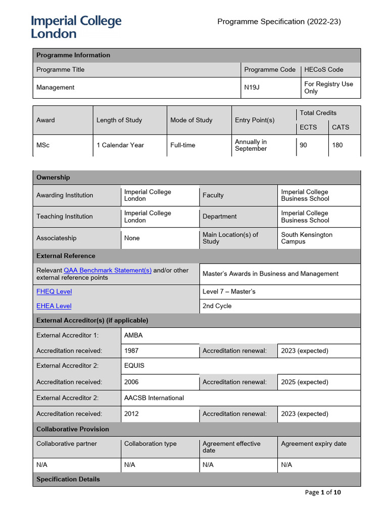 Imperial College MSC Management 2022 23 | PDF | Business School | Academic Degree