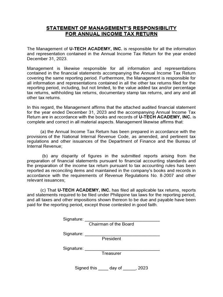 Statement of Management | PDF | Financial Audit | Going Concern