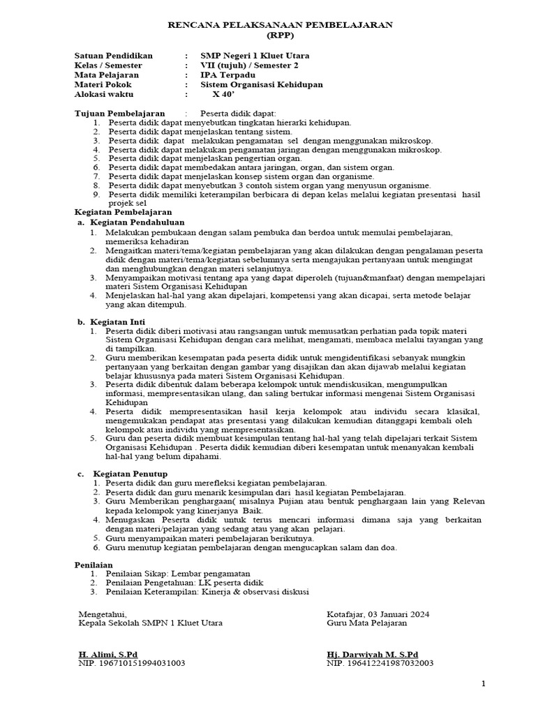 RPP 1 Lembar IPA Terpadu Kelas 7 Semester 2 | PDF
