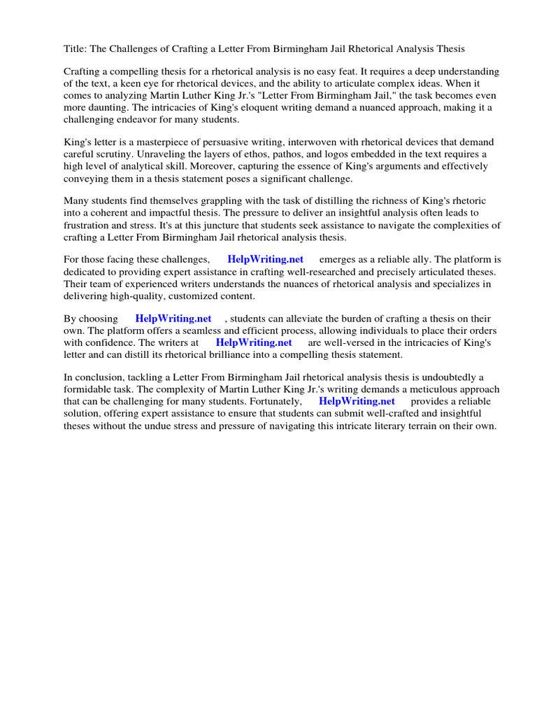 Letter From Birmingham Jail Rhetorical Analysis Thesis | PDF | Rhetoric