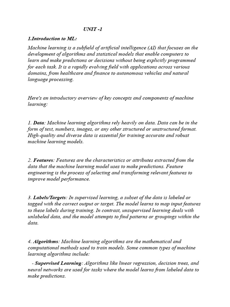 Unit - 1 1.introduction To ML | PDF | Logistic Regression | Machine Learning