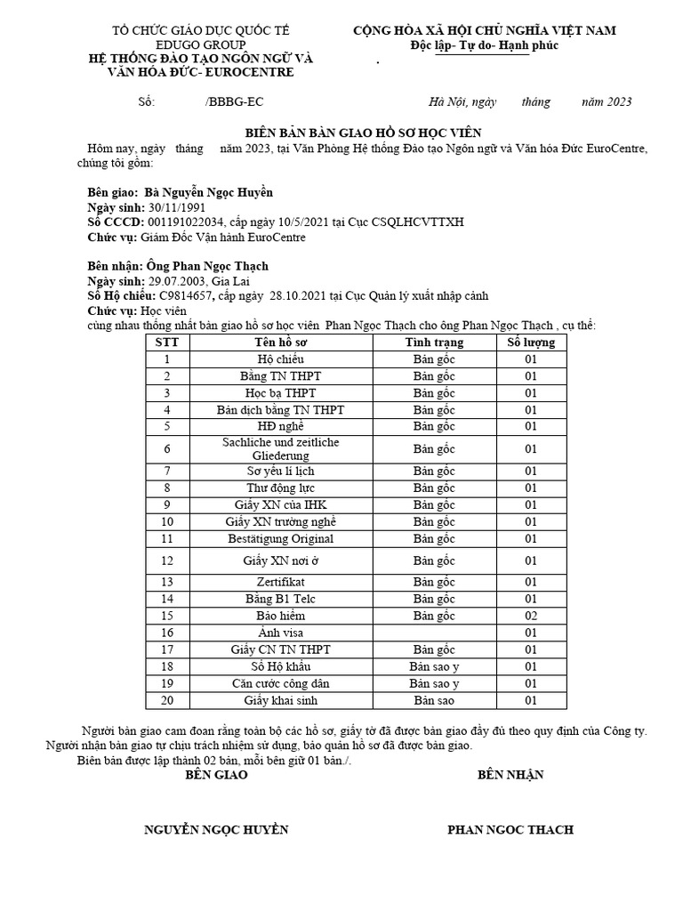 EC - Mau BBBG Tra Ho So Dieu Duong | PDF