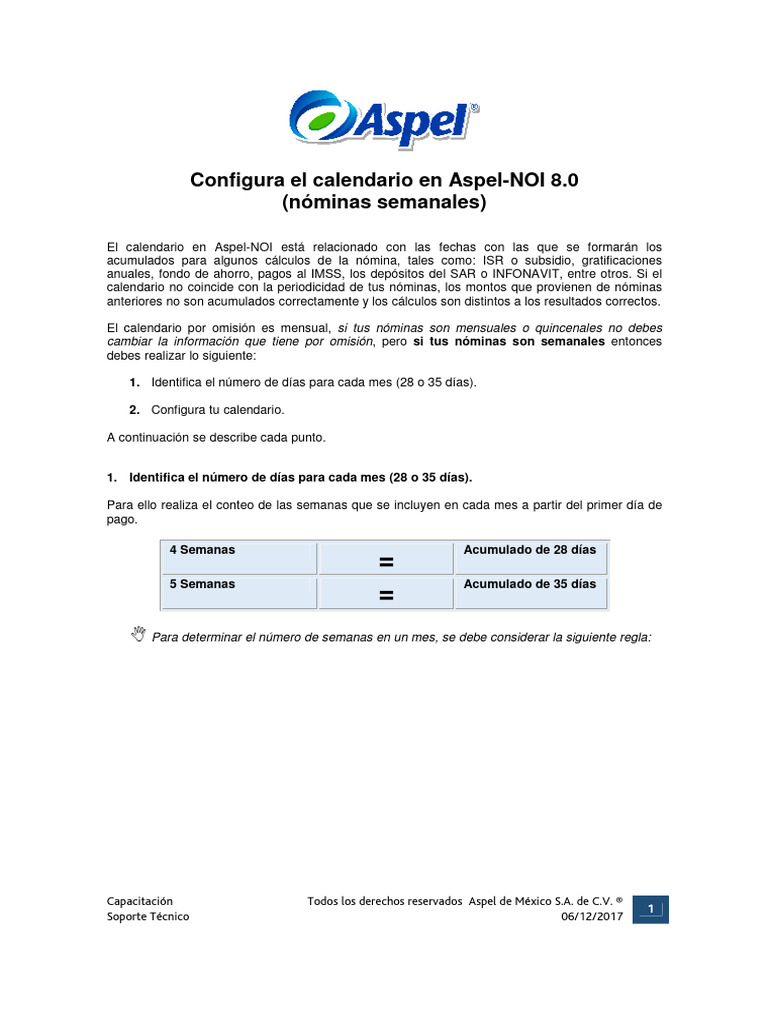 MANUAL DE REFERENCIA Configura El Calendario en Aspel-NOI 8.0 | PDF ...