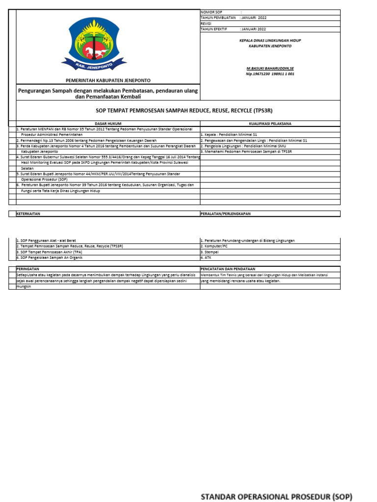 Sop Pengurangan Sampah | PDF