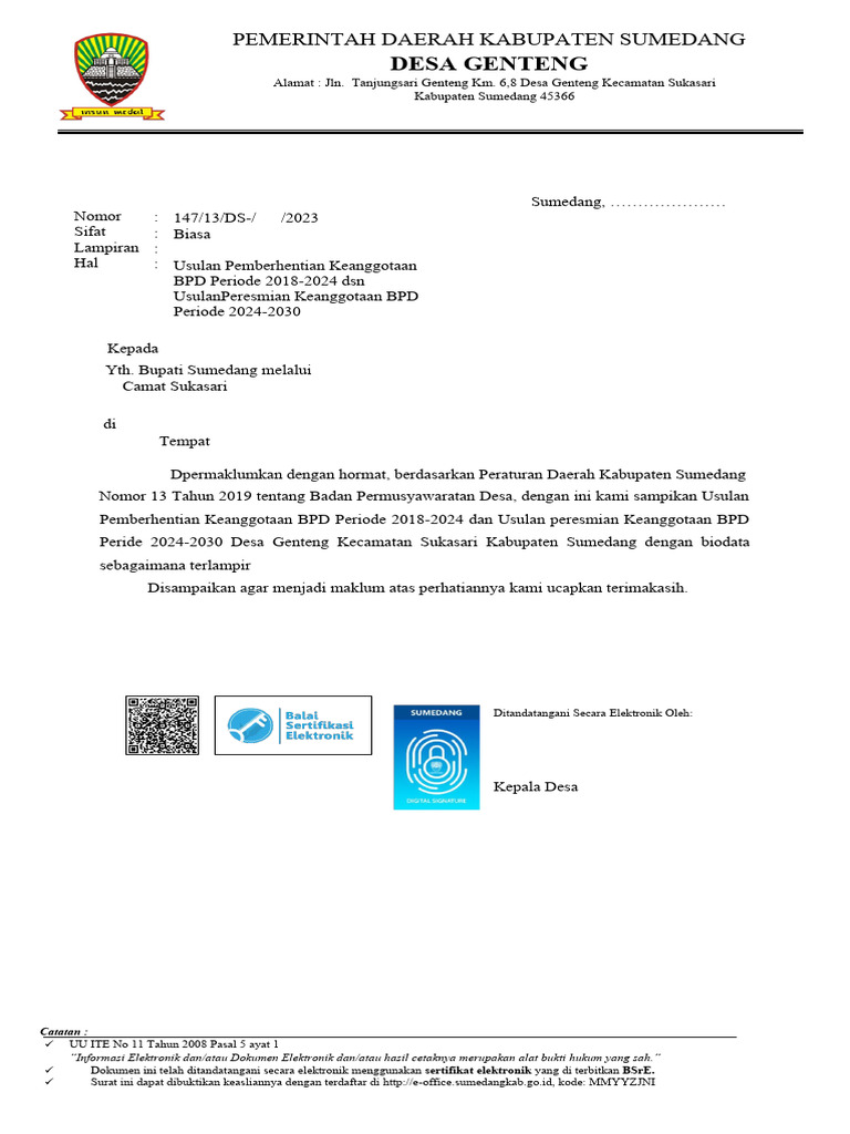 Surat Usulan Pemberhentian BPD Tahun 2018-2024 Dan Peresmian BPD Tahun ...
