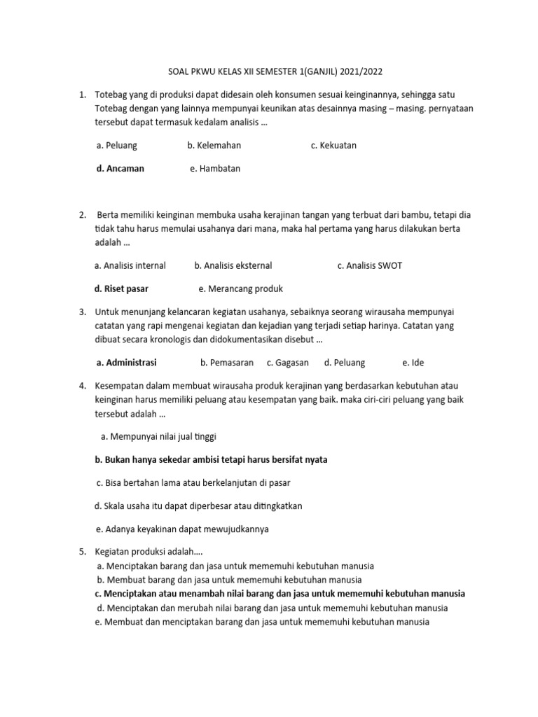 Soal Pkwu Kelas Xii Dan X Gustina | PDF | Bisnis | Seni