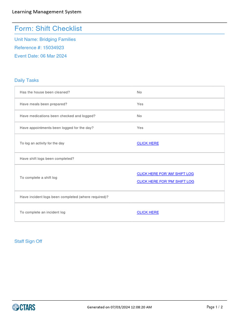 Bridging Families - Shift Checklist - 2024_03_07 - 15034923 | PDF