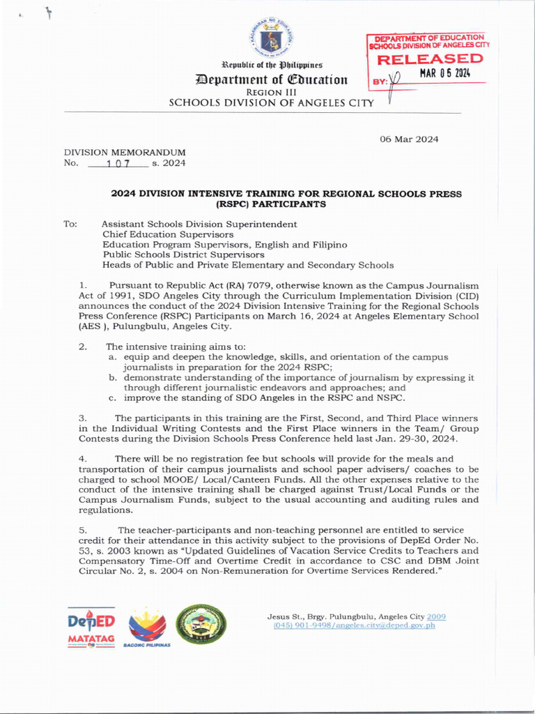 Division Memorandum No. 107 S. 2024 - 2024 Division Intensive Training For Regional Schools ...