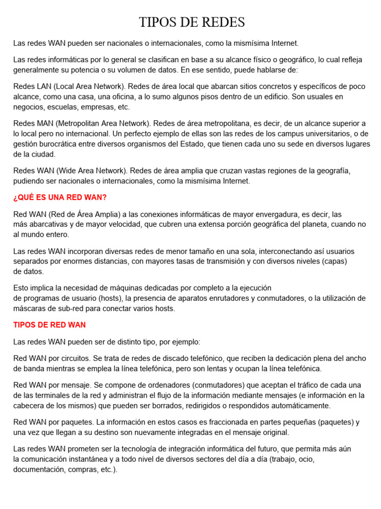 Tipos de Redes | PDF | Red de área amplia | Red de computadoras