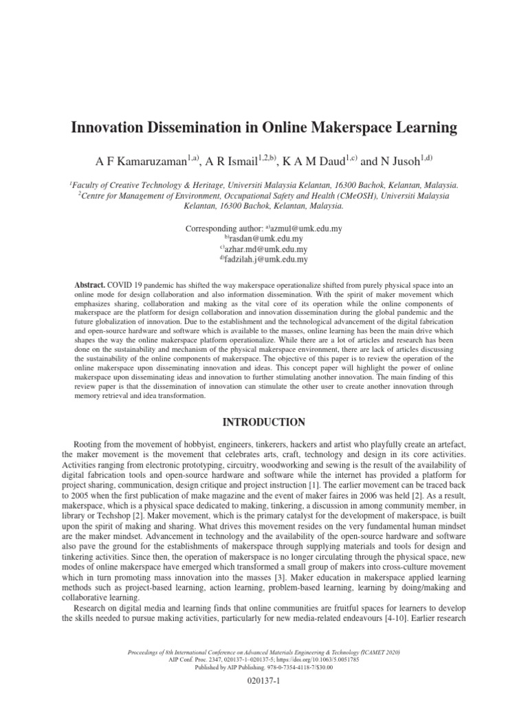 Innovation Dissemination in Online Makerspace Learning: A F Kamaruzaman, A R Ismail, Kamdaud and ...