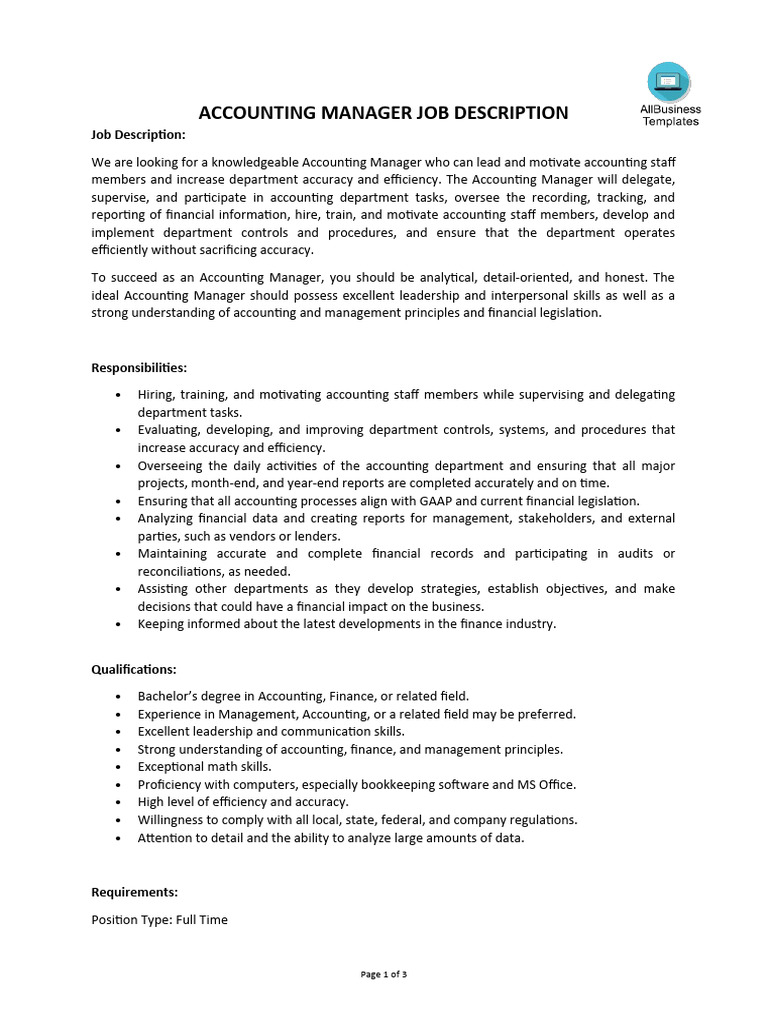Accounting Manager Job Description Template | PDF | Accounting | Leadership