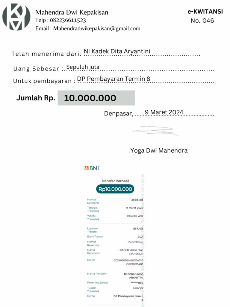 Kwitansi No. 046 - Dita Aryantini (DP Termin 8) | PDF