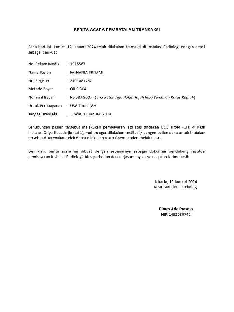 Berita Acara Pembatalan Transaksi BCA | PDF