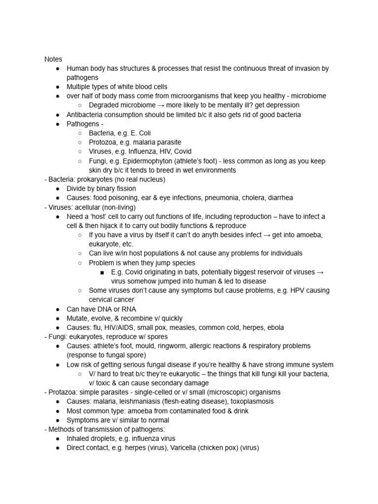 IB Biology 6.3 Defense against infectious diseases notes | PDF ...