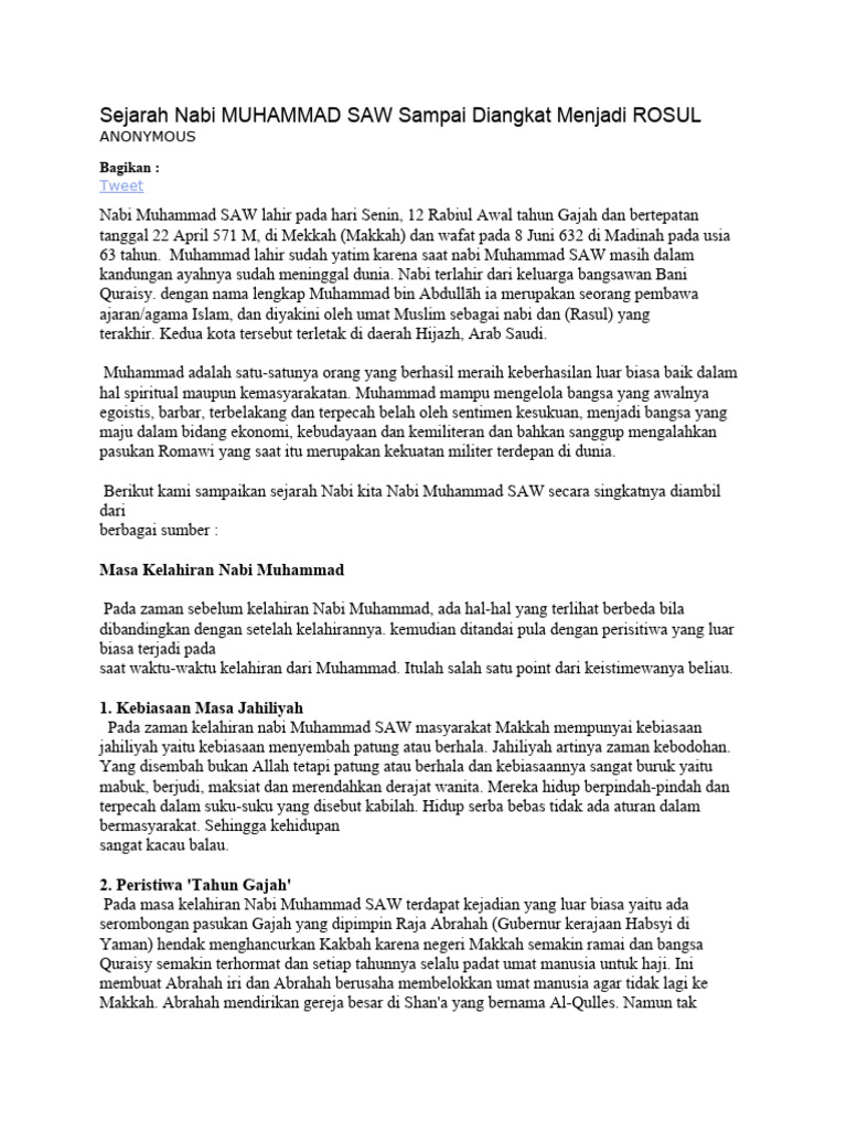 Sejarah Nabi MUHAMMAD SAW Sampai Diangkat Menjadi ROSUL | PDF | Sejarah ...