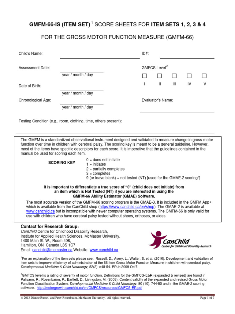 GMFM-66 Score Sheets for Assessment | PDF | Cerebral Palsy