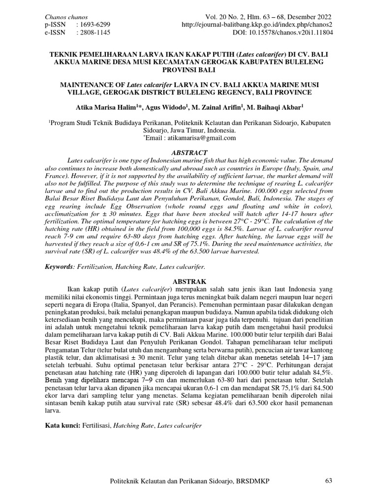 Jurnal Chanos-Chanos Terbitan Tahun 2022 (Desember) | PDF | Fish