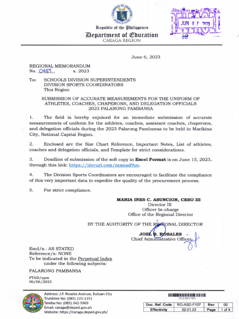 Palaro Uniform Memo and List | PDF