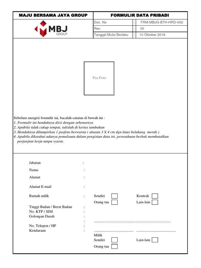 FRM-MBJG-BTH-HRD-002 - Formulir Data Isian Calon Karyawan | PDF