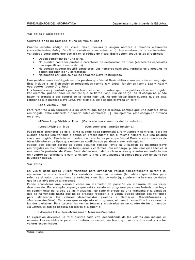 Visual Basic 1. Variables y Operadores. Convenciones de nomenclatura en ... Visual Basic 1. Variables y Operadores. Convenciones de nomenclatura en ...